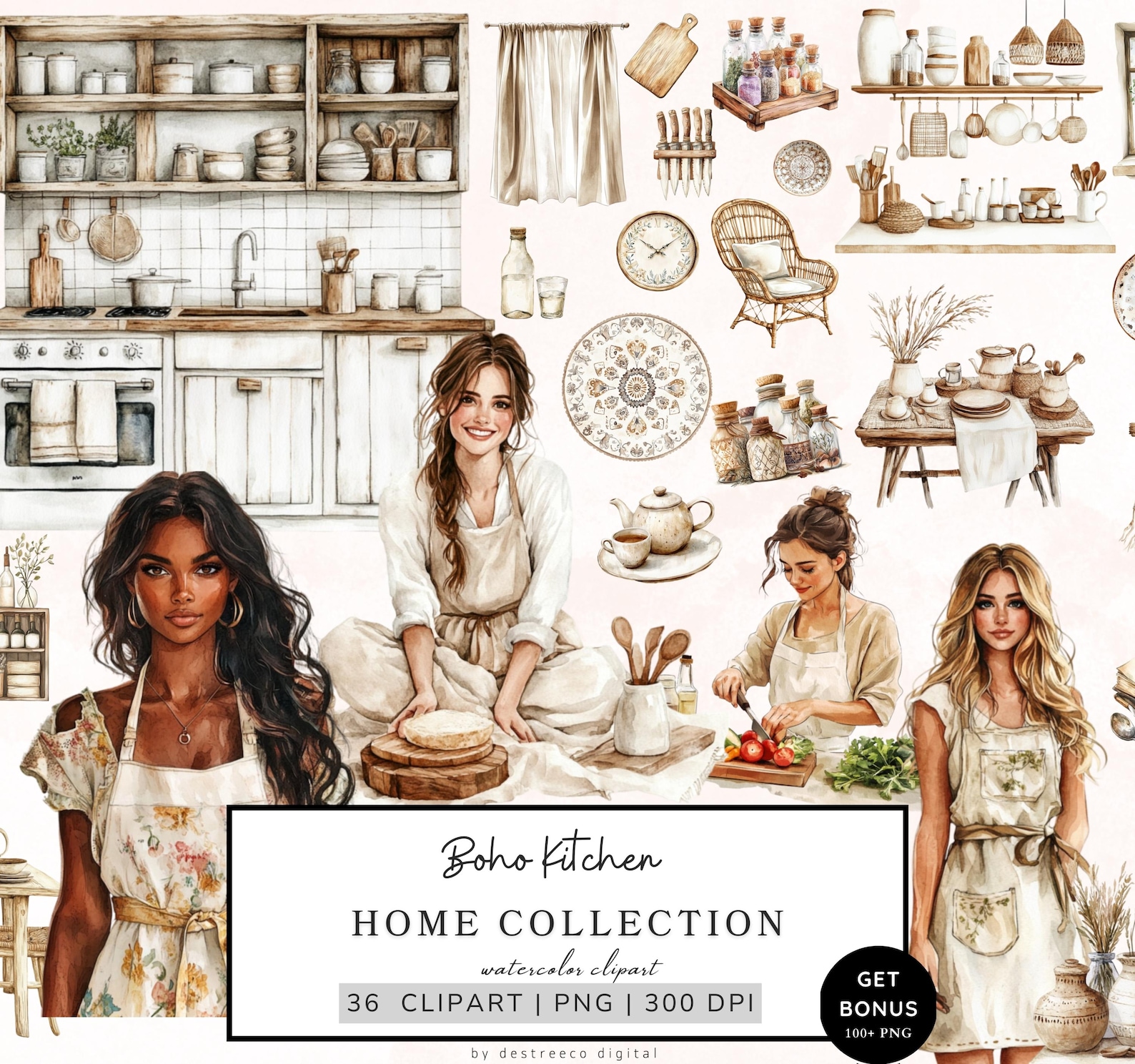 Boho Living Clipart Bundle, Cozy Cottagecore Clipart, Boho Life Png ...