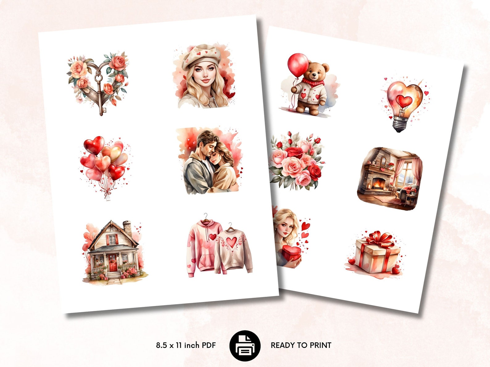 Cozy Valentines Clipart, Watercolor Valentine's Day Clipart Bundle, 12 ...