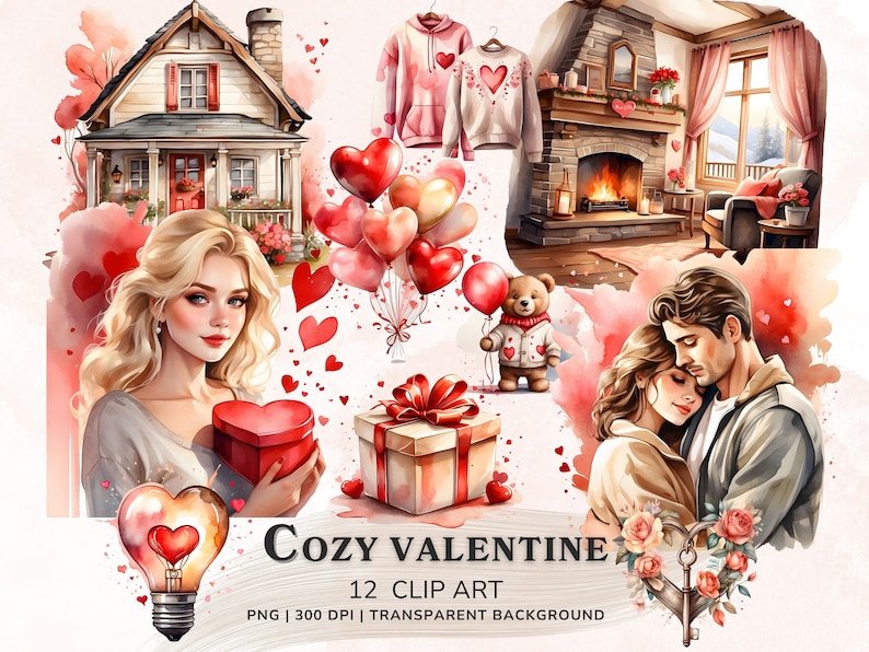 Cozy Valentines Clipart, Watercolor Valentine's Day Clipart Bundle, 12 ...