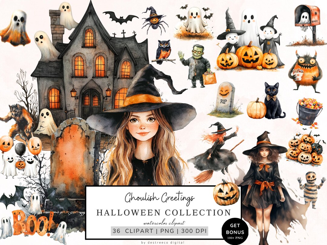Watercolor Halloween Clipart, Cute Halloween Png Bundle, Cute Fall Png ...