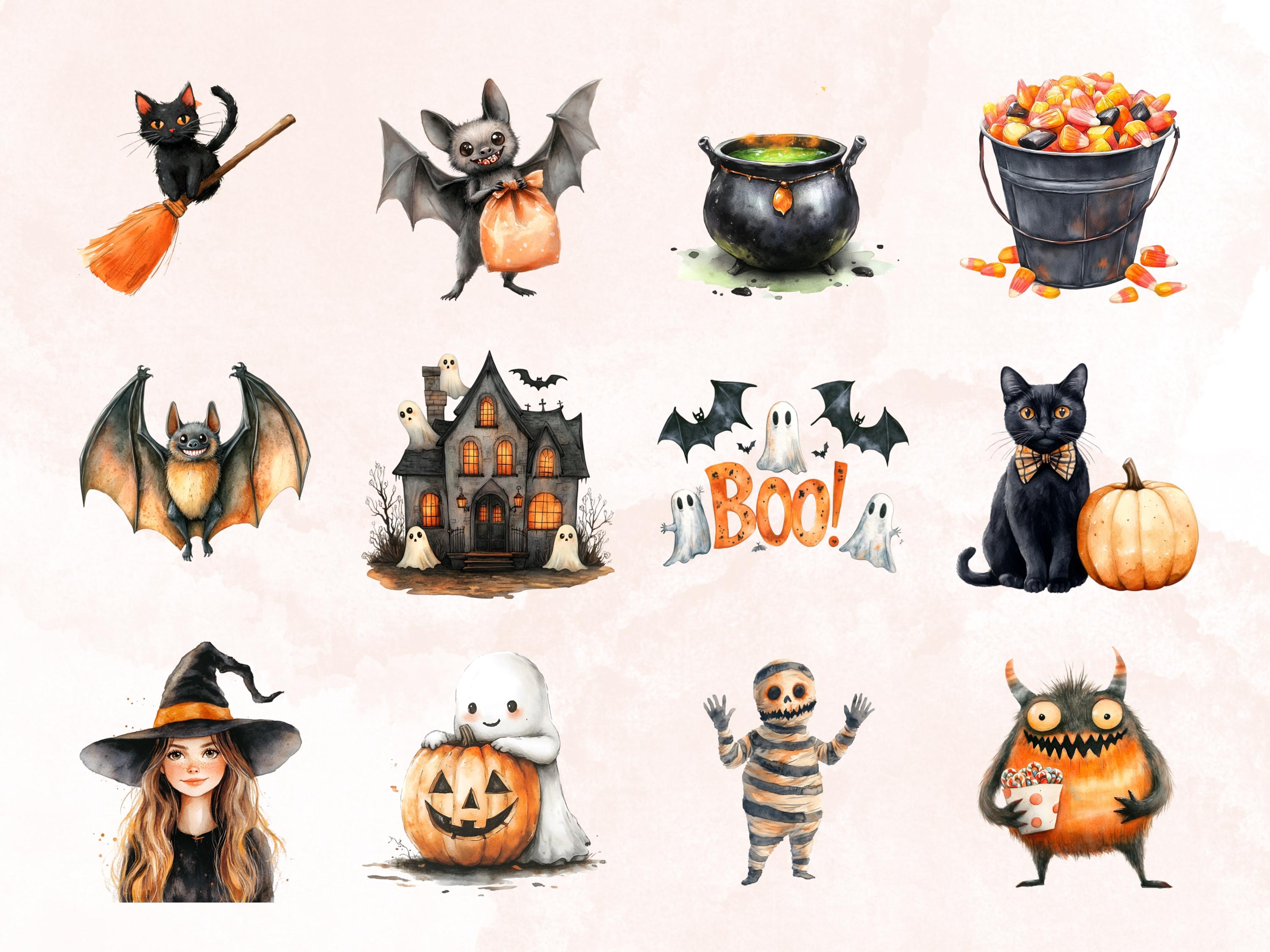 Watercolor Halloween Clipart, Cute Halloween Png Bundle, Cute Fall Png ...