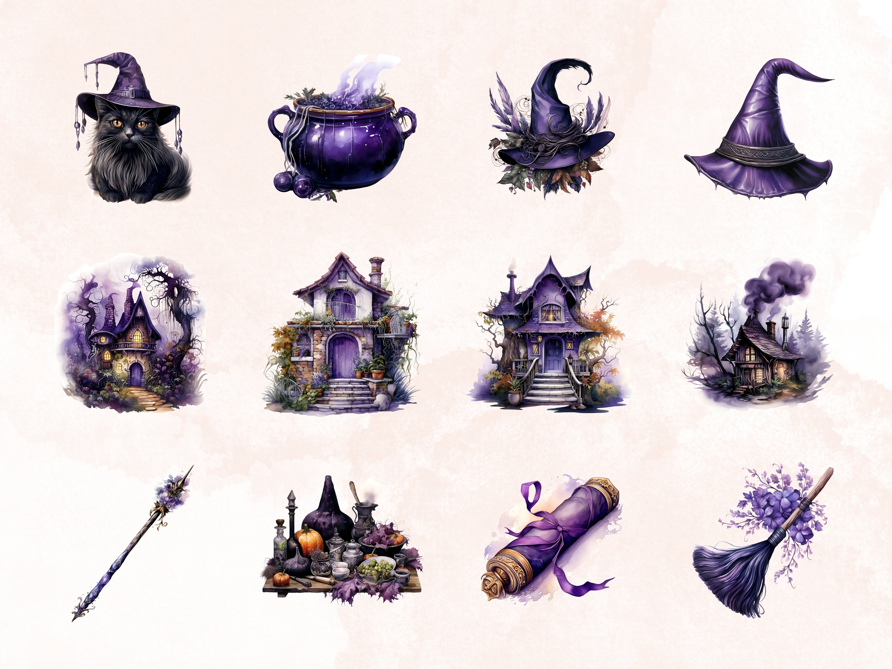 Watercolor Wild Forest Witch Clipart, Magic Witch PNG Clipart Bundle ...