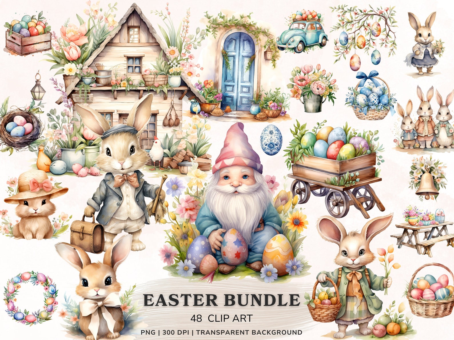 Watercolor Easter Clipart, Country Easter Clipart, Bunny Easter ...