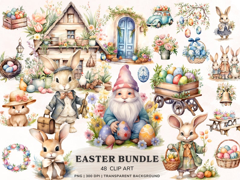 Watercolor Easter Clipart, Country Easter Clipart, Bunny Easter ...