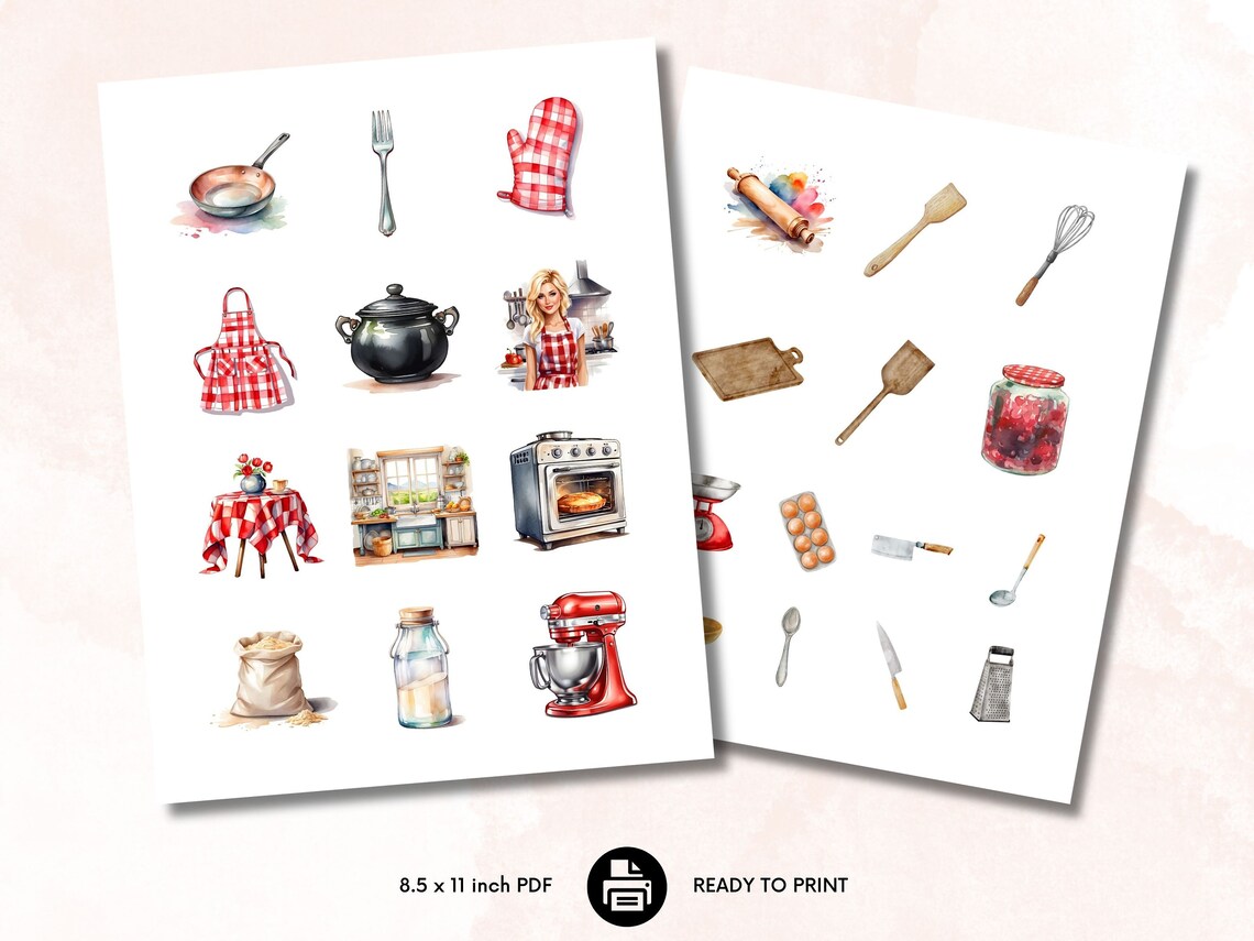 Watercolor Baking Supplies Clipart Bundle, Baker Girl Cooking Png ...