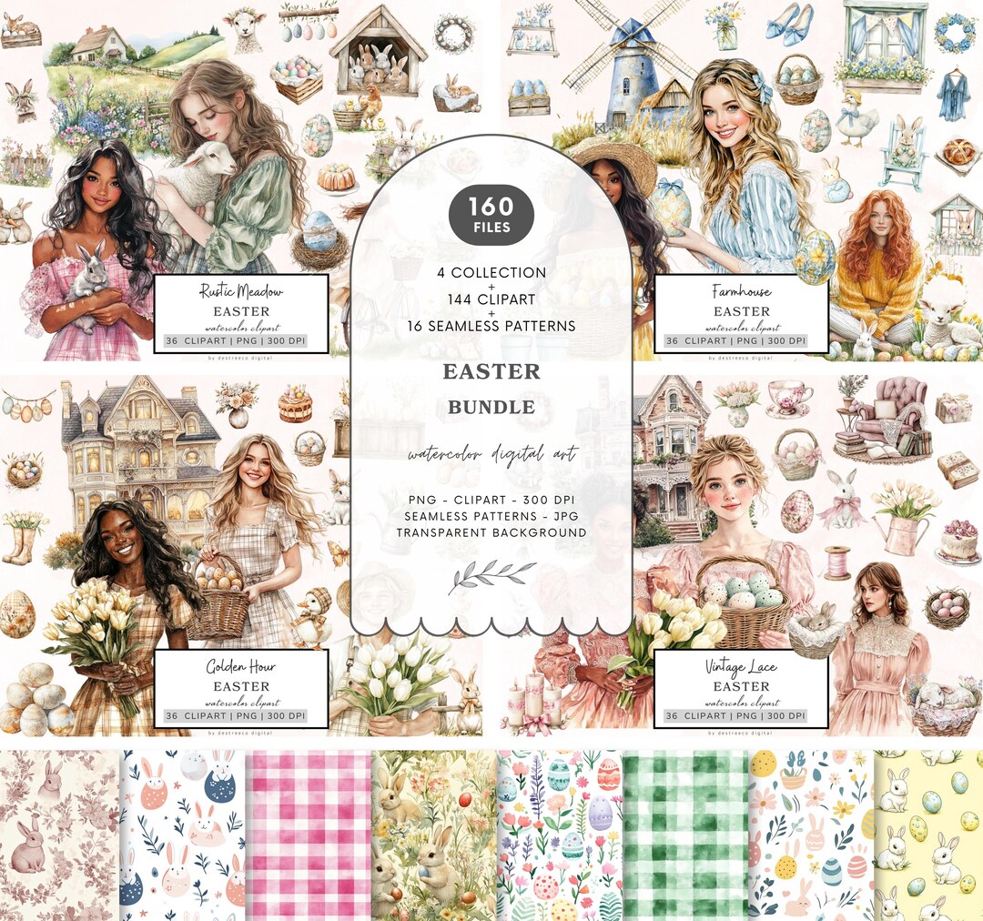 Watercolor Easter Clipart Bundle, Rustic Easter Graphics, Cozy Spring ...
