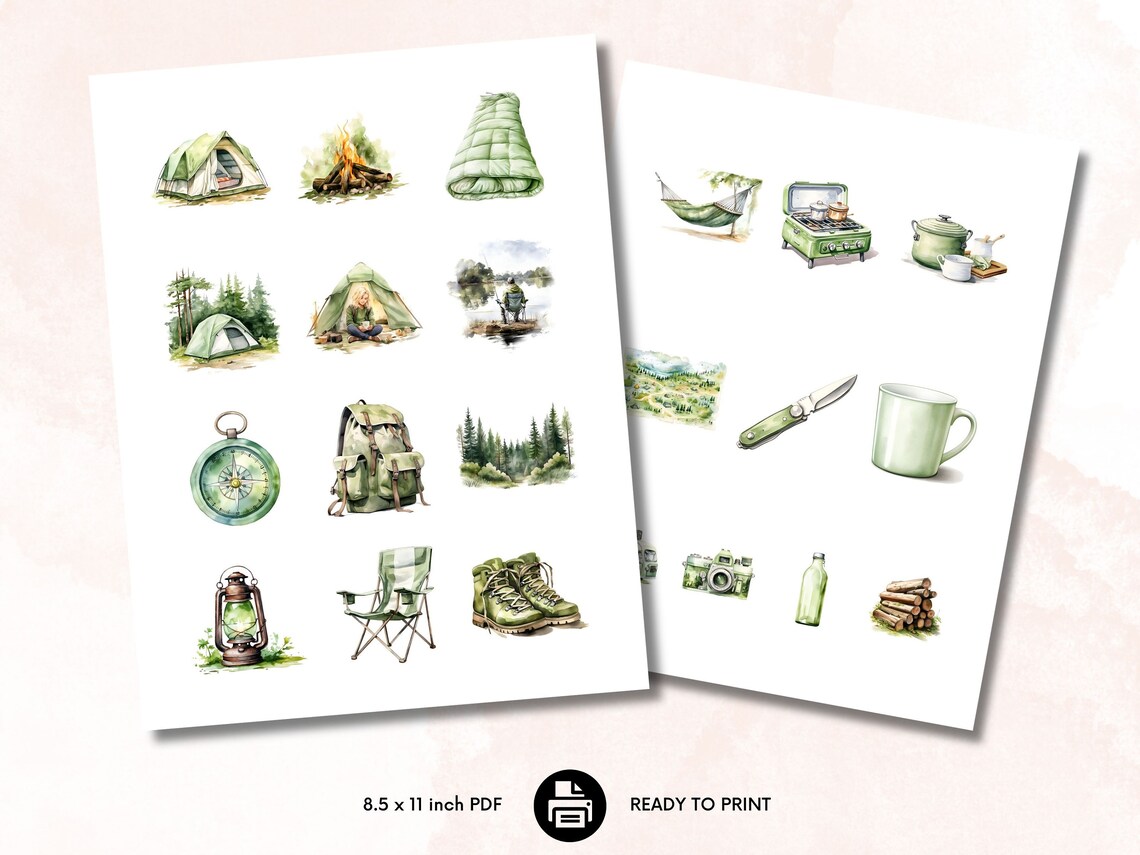 Watercolor Camping Clipart Bundle, Campfire Png Camping, Tent, Lantern ...