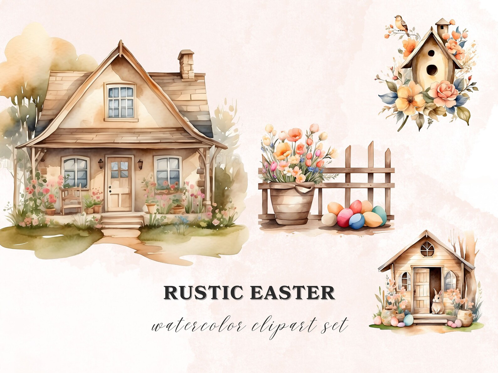 Rustic Easter Clipart, Watercolor Easter Clipart Bundle, Easter Bunny ...