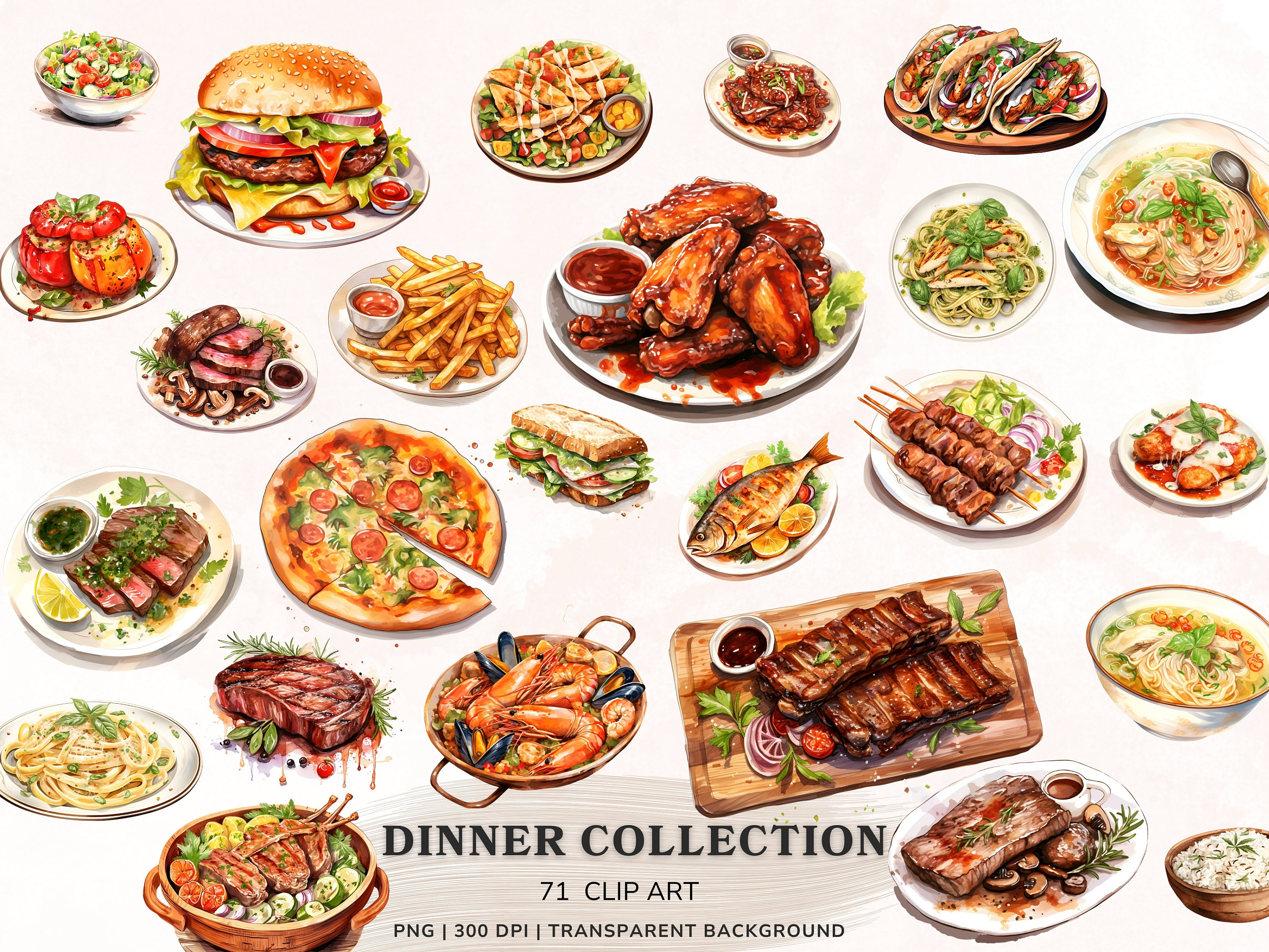 Watercolor Dinner Clipart, Dinner Menu Png Jpg Graphics, Delicious Meal ...