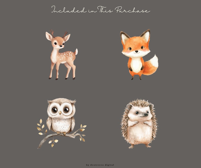 Woodland Animals Clipart, Cute Watercolor Woodland Png, Bear Fox Deer ...