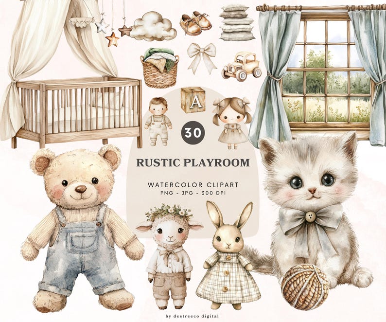 Watercolor Rustic Playroom Clipart, Nursery Doll Clipart, Cottagecore ...