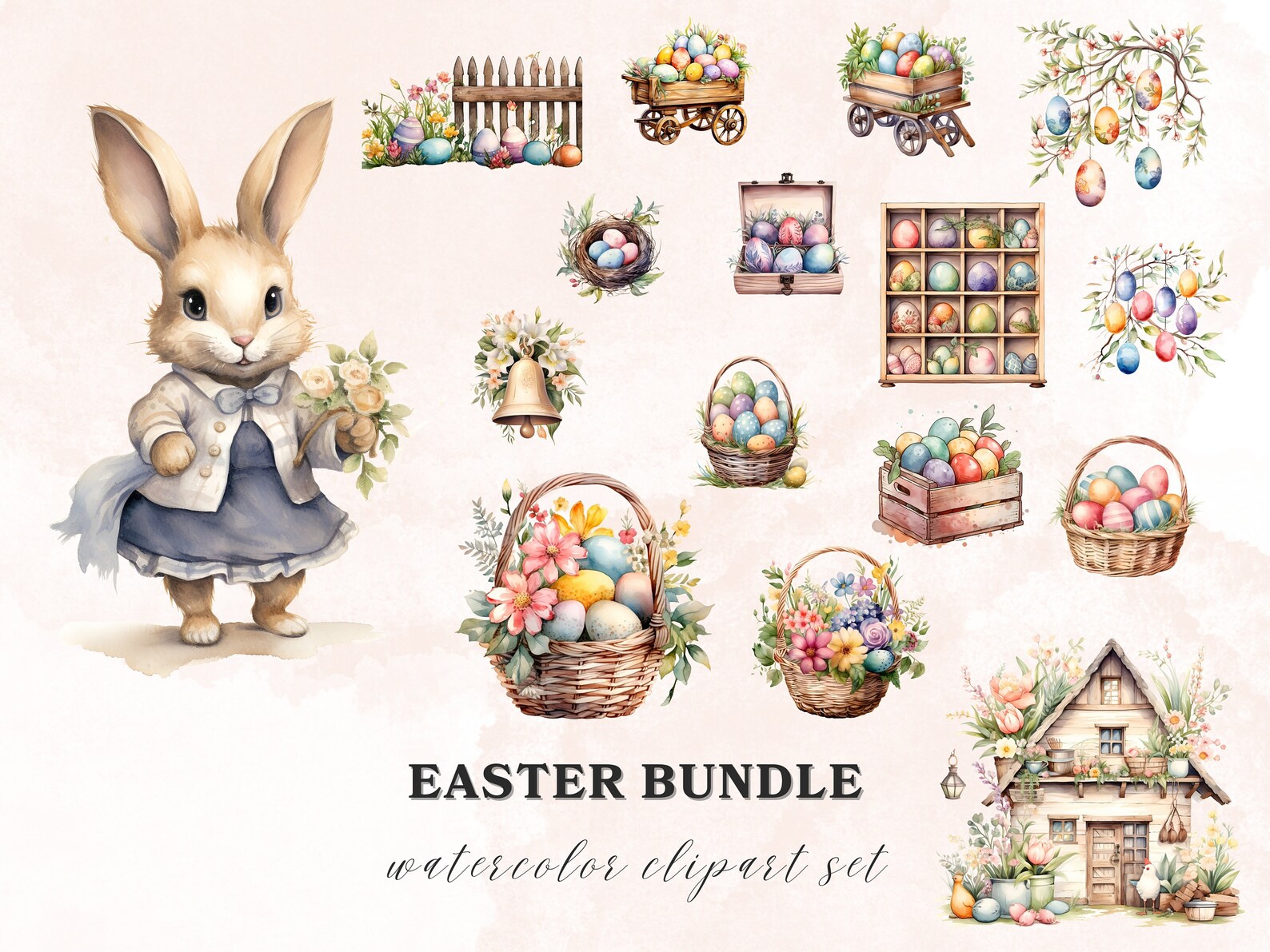 Watercolor Easter Clipart, Country Easter Clipart, Bunny Easter ...