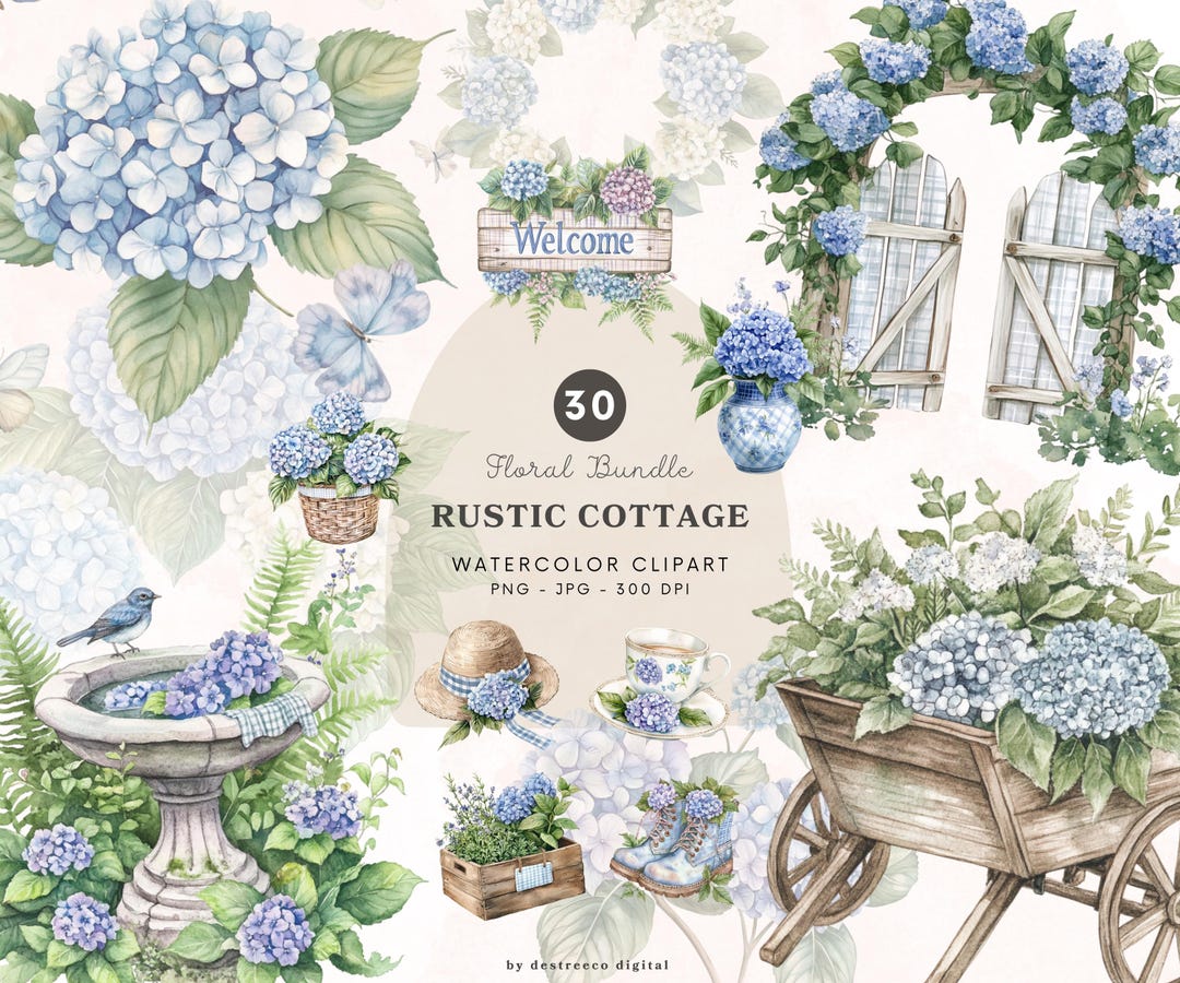 Watercolor Rustic Cottage Floral Bundle Png, Hydrangea Florals Png ...