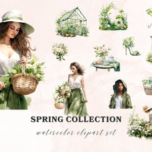 Watercolor Spring Clipart, Green Spring Gardening Clipart Bundle, Png ...