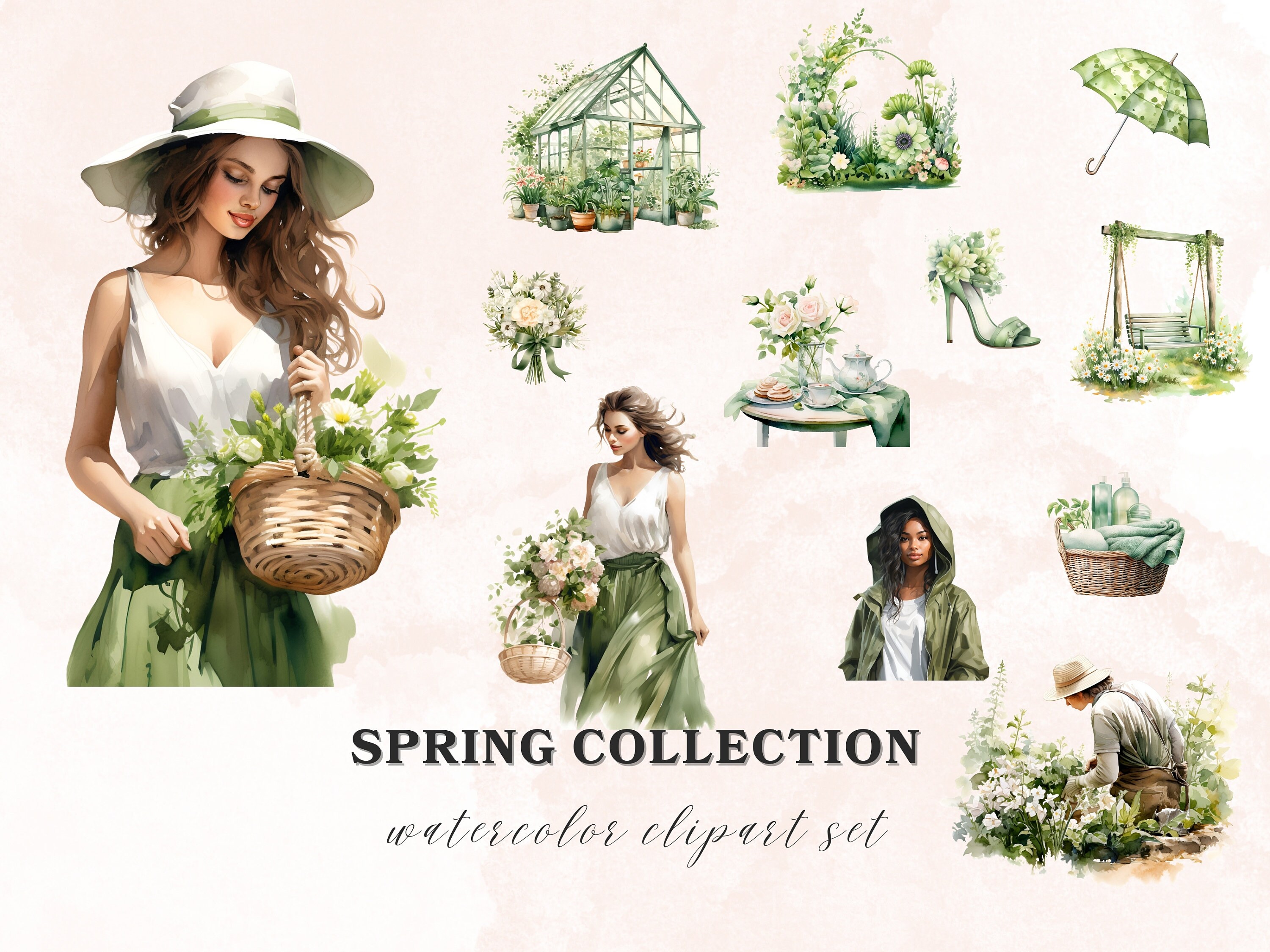 Watercolor Spring Clipart, Green Spring Gardening Clipart Bundle, Png ...