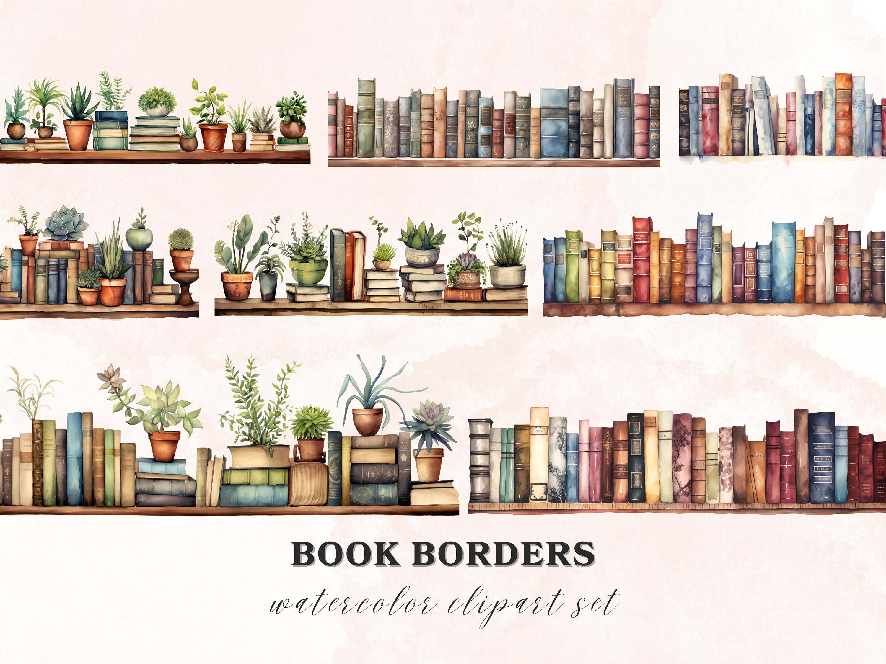 Rows of Books Clipart, Vintage Book Borders Clipart Bundle, Library ...