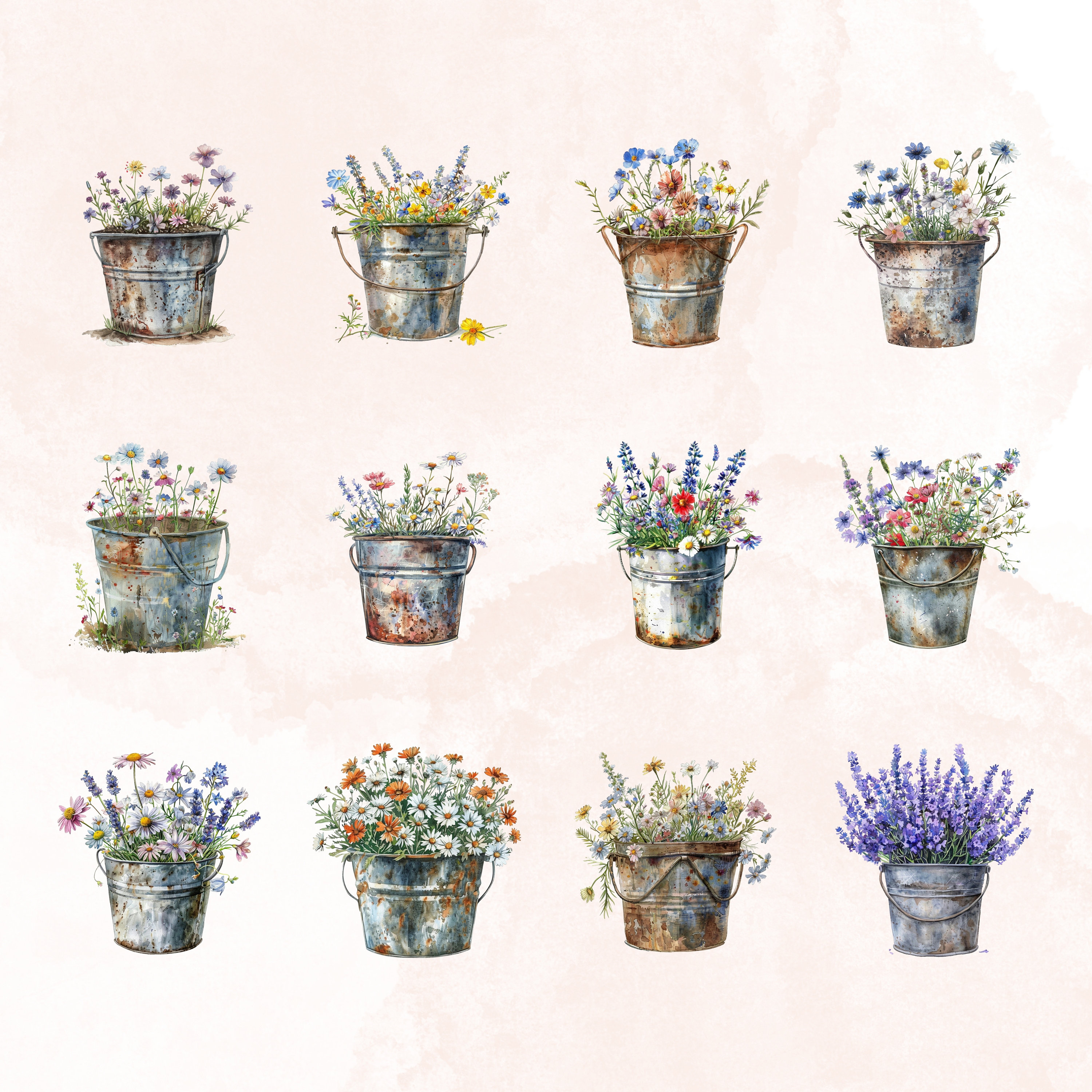 Watercolor Wildflowers Clipart Bundle, Bucket of Wildflowers Png ...