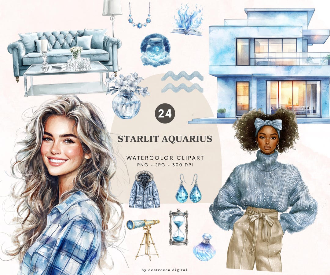 Watercolor Starlit Aquarius Clipart, Zodiac Clipart, Astrology Clipart ...