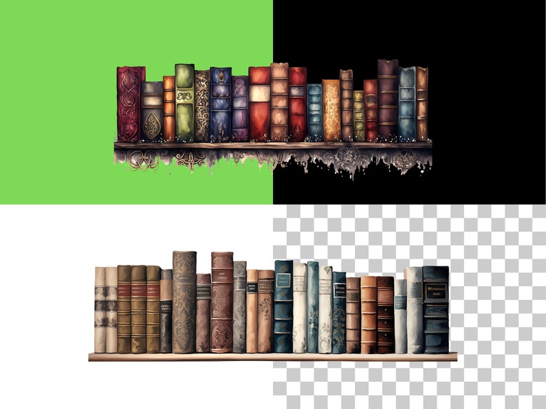 Rows of Books Clipart, Vintage Book Borders Clipart Bundle, Library ...