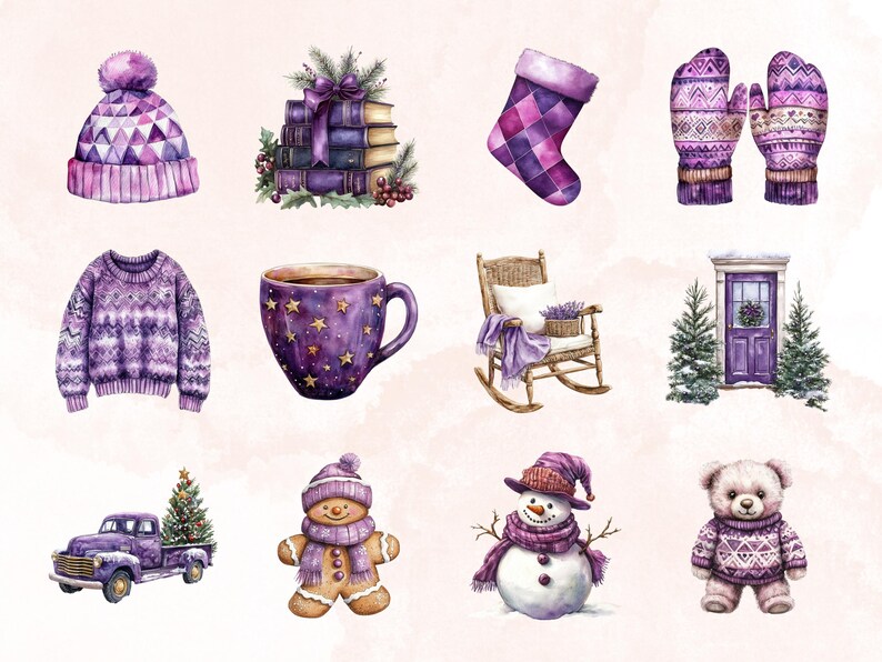 Winter Clipart Bundle, Cozy Christmas Clipart, Winter Clipart, Purple ...