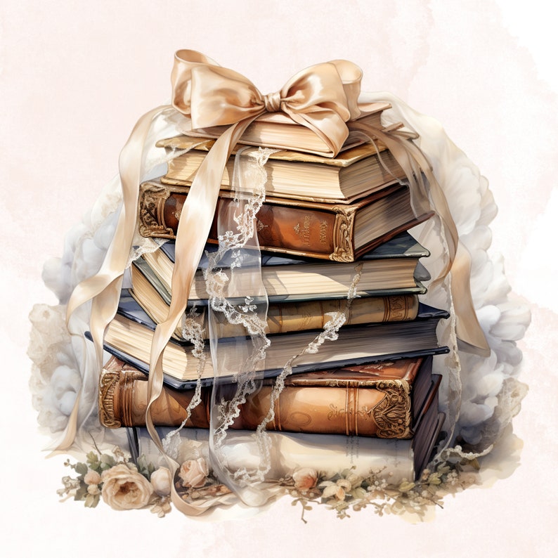 Stacked Books Clipart With Lace, Vintage Books Clipart, Bookworm ...