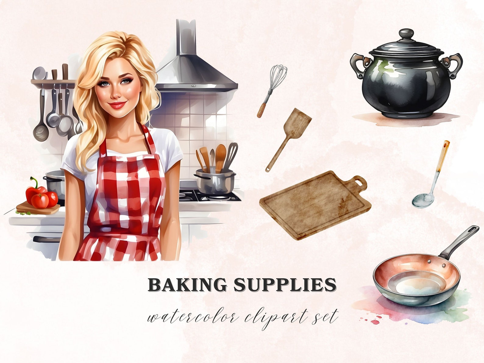 Watercolor Baking Supplies Clipart Bundle, Baker Girl Cooking Png ...