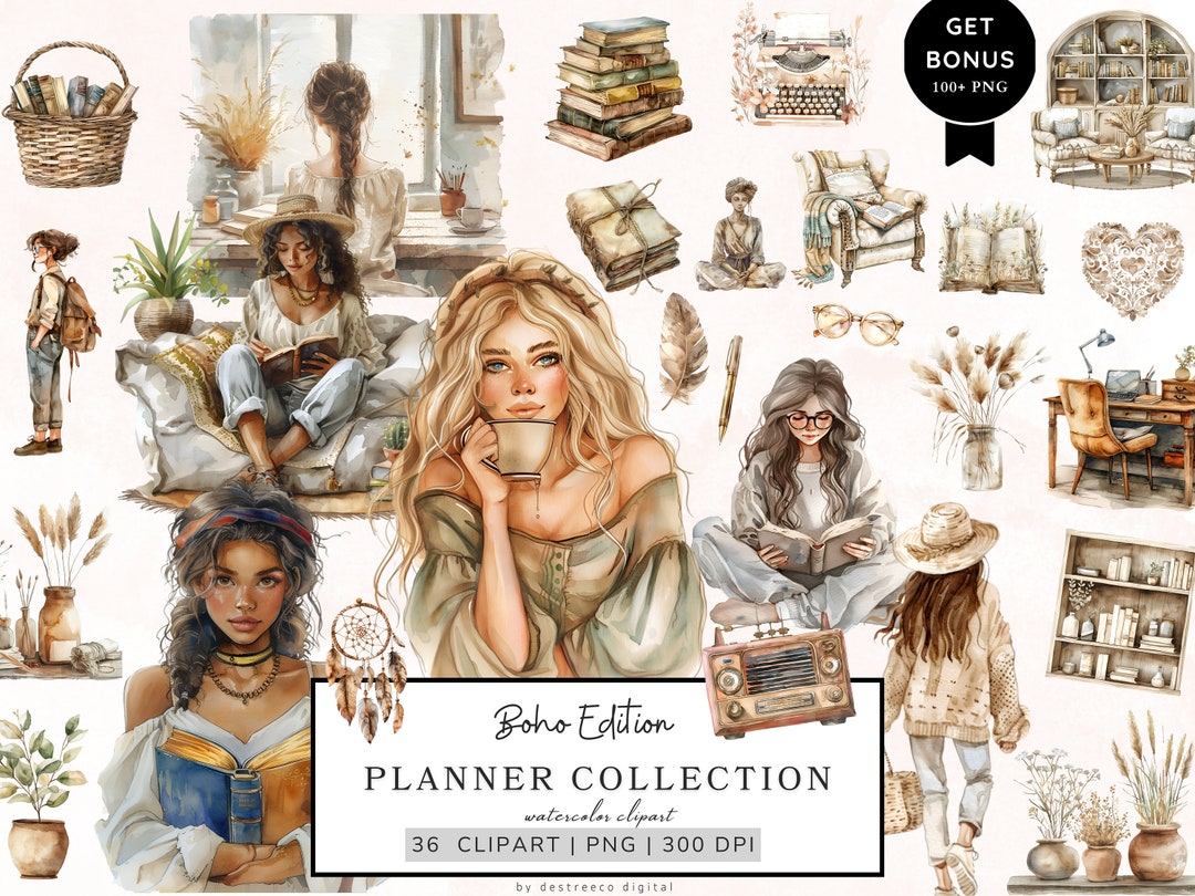 Watercolor Planner Girl Clipart, Planning Boho Clipart, Planner Lover ...