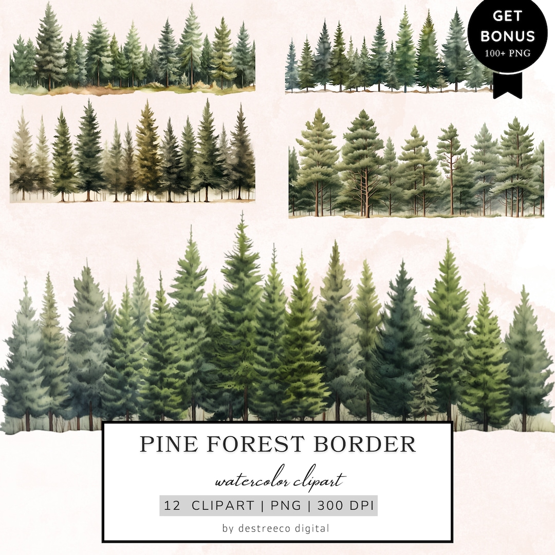 Watercolor Forest Clipart, Pine Forest Border Clipart, Row of Trees Png ...