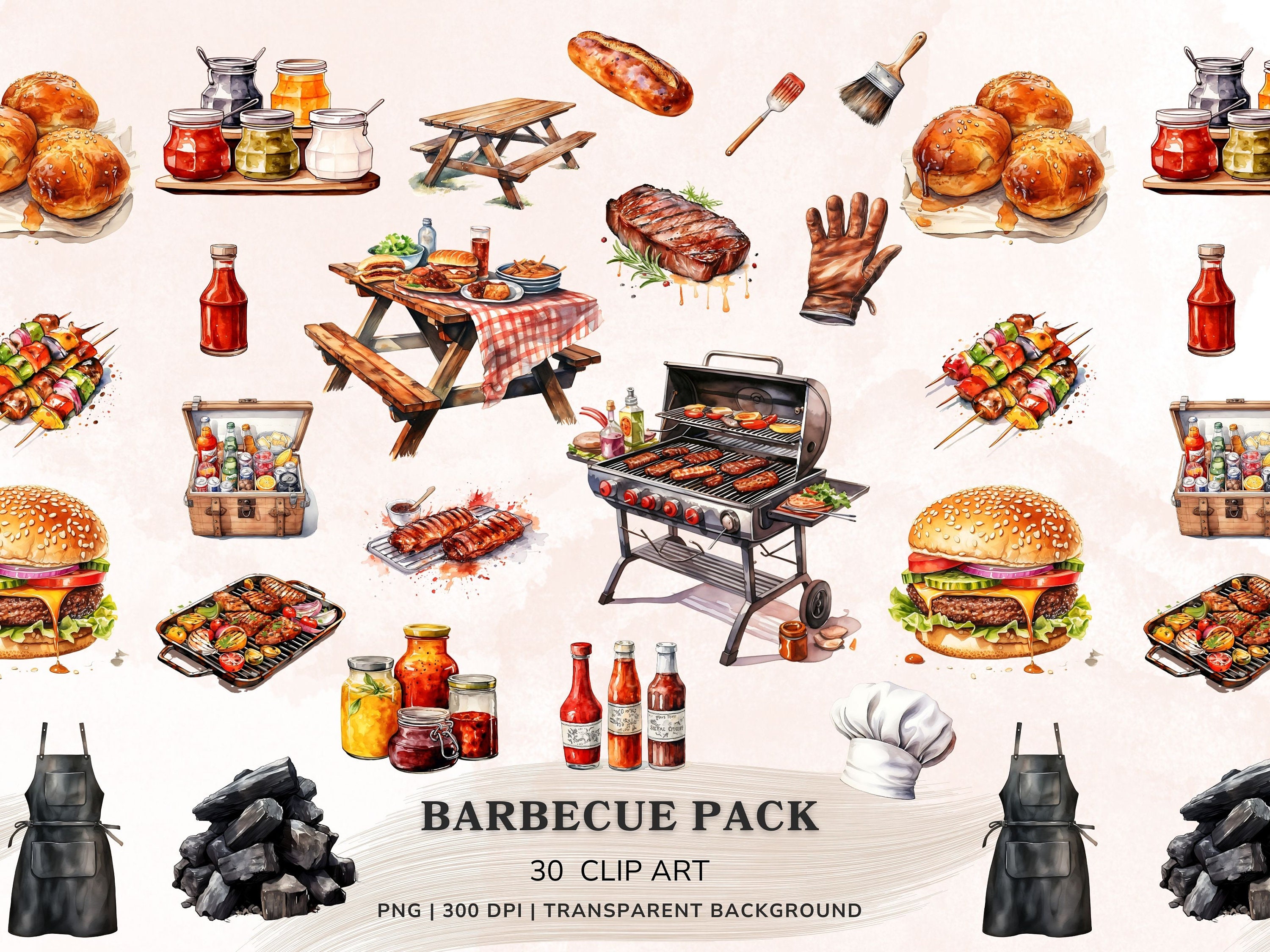 Watercolor Barbecue Clipart Bundle, BBQ Png, Grill Food Clipart, Picnic ...