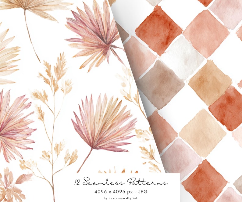 Padrões contínuos em aquarela, papel digital de verão, pacote Boho ...