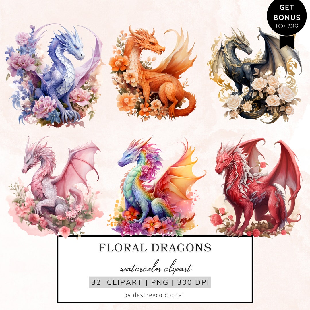 Watercolor Dragon Clipart, Floral Dragons Clipart Bundle, Fantasy ...