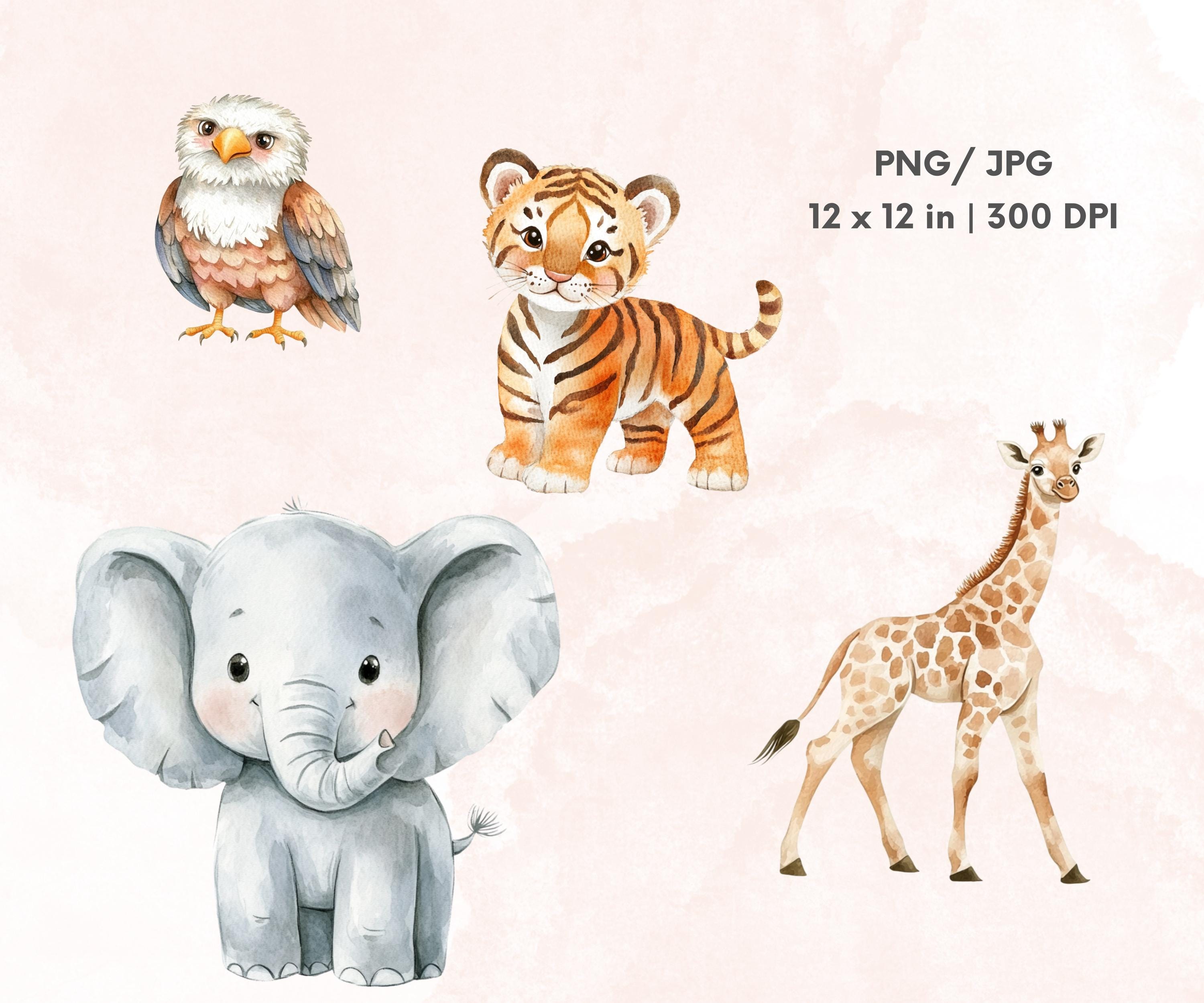 Safari Animals Clipart, Cute Watercolor Jungle Animals, Lion Giraffe ...