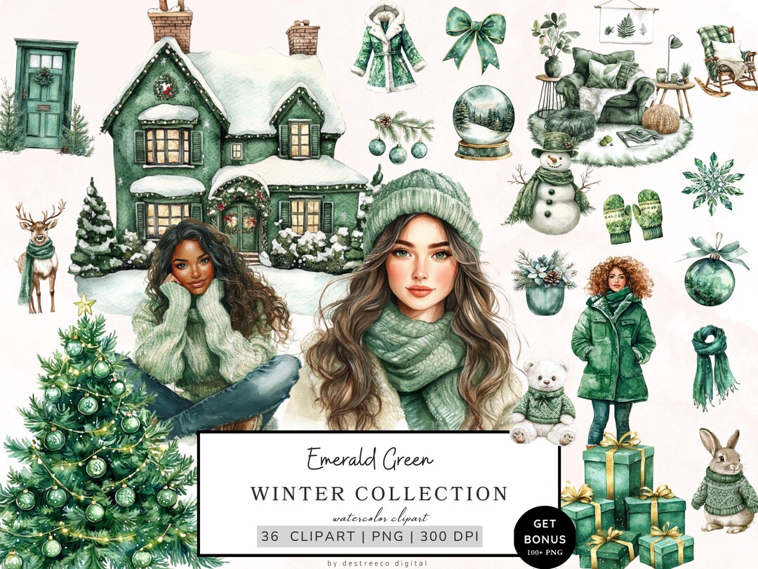 Winter Clipart Bundle, Cozy Christmas Clipart, Winter Clipart, Green ...