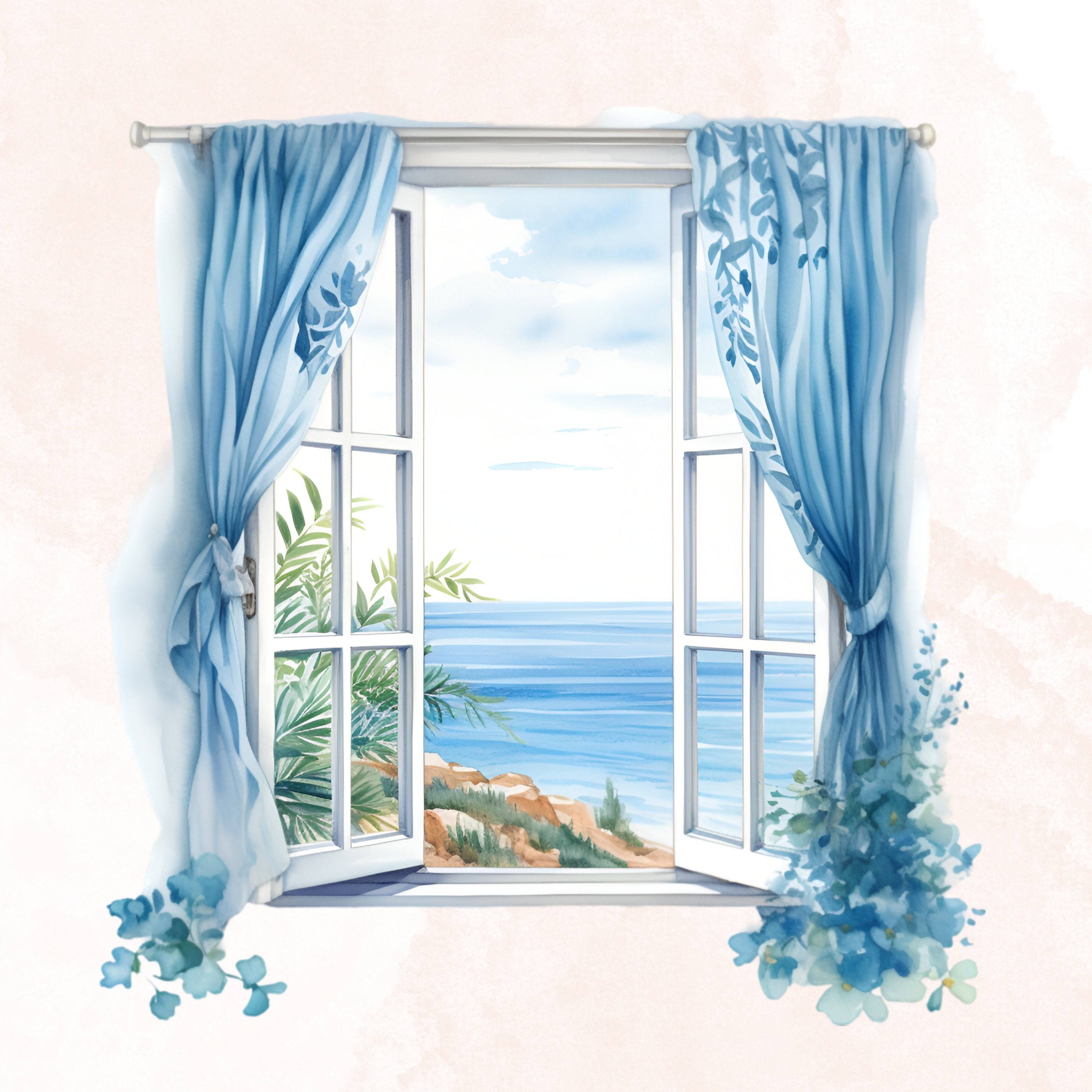 Watercolor Window Ocean View Clipart, Ocean Clipart, Window to Sea ...