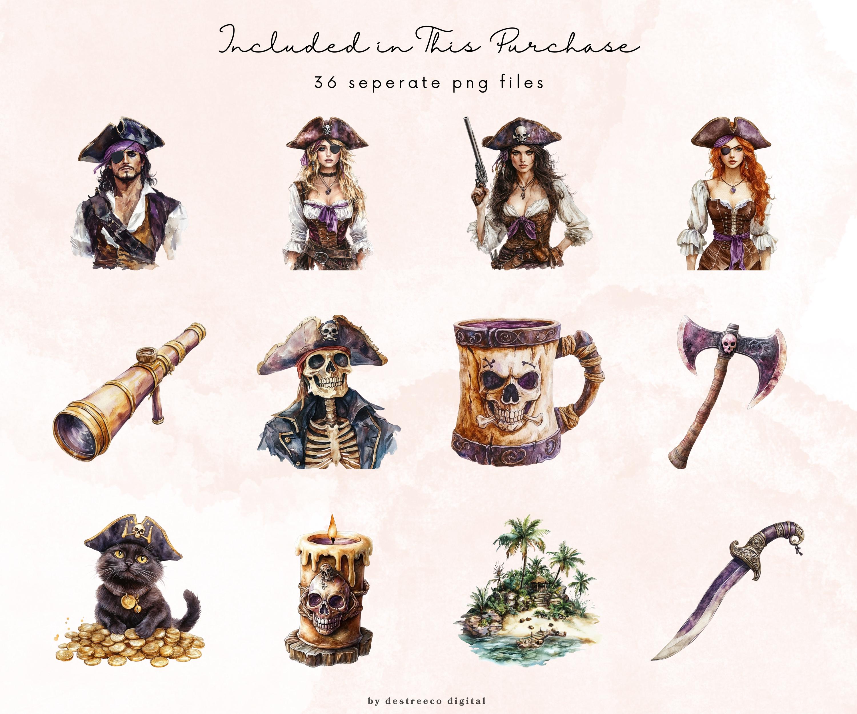 Watercolor Pirate Adventure Clipart, Vintage Pirates Png Bundle, Cozy ...