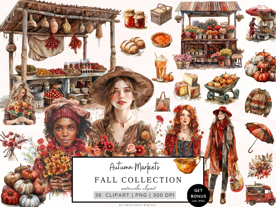 Watercolor Autumn Clipart, Autumn Market Png Bundle, Cozy Autumn, Fall ...