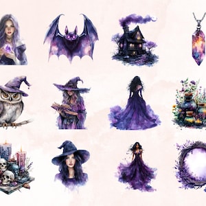 Watercolor Magical Clipart, Witch Clipart, Magic Witch Png Bundle ...