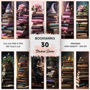 Stacked Books Bookmarks Printable Set, Watercolor Bookmarks, Book Lover ...