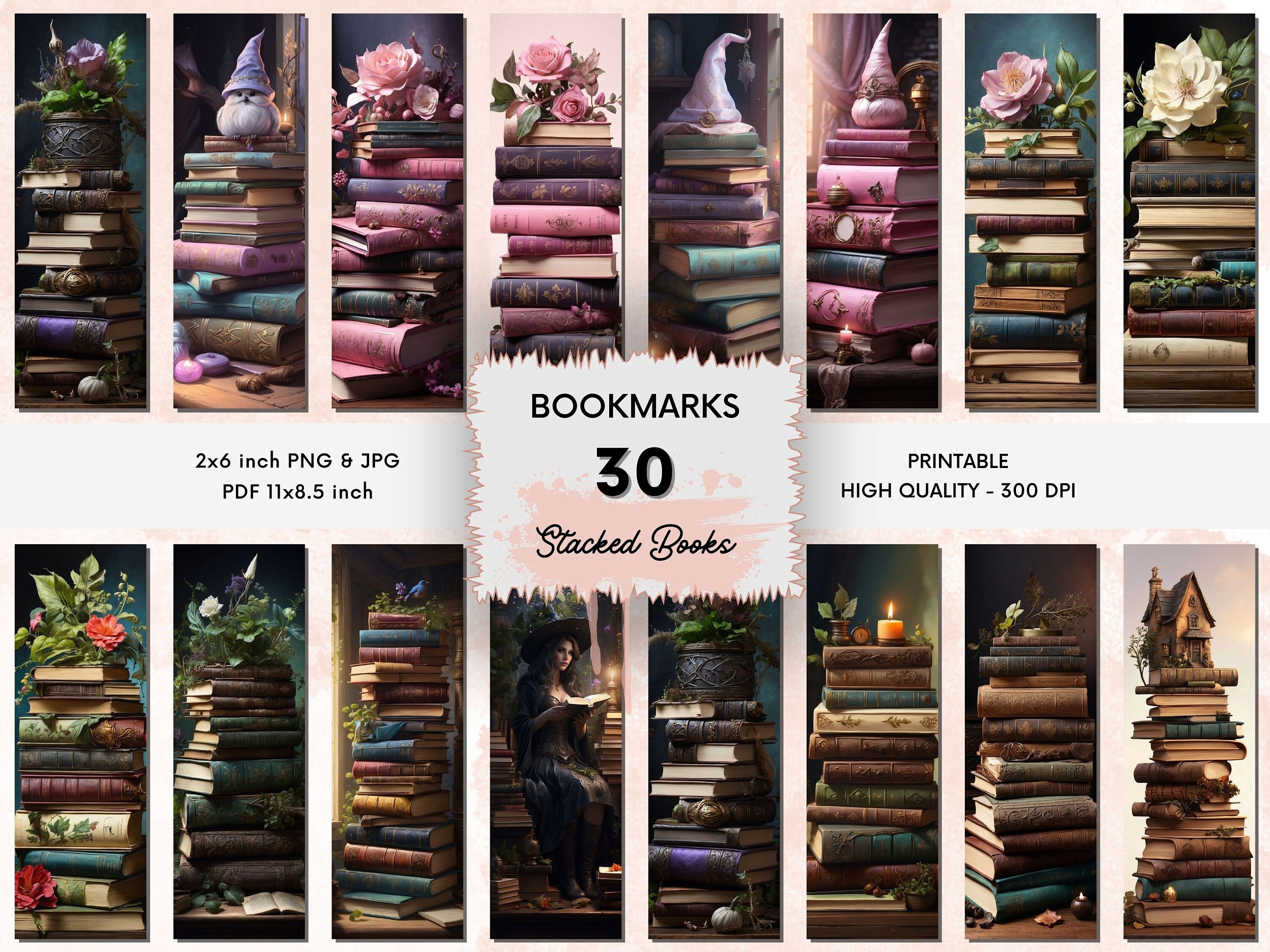 Stacked Books Bookmarks Printable Set, Watercolor Bookmarks, Book Lover ...