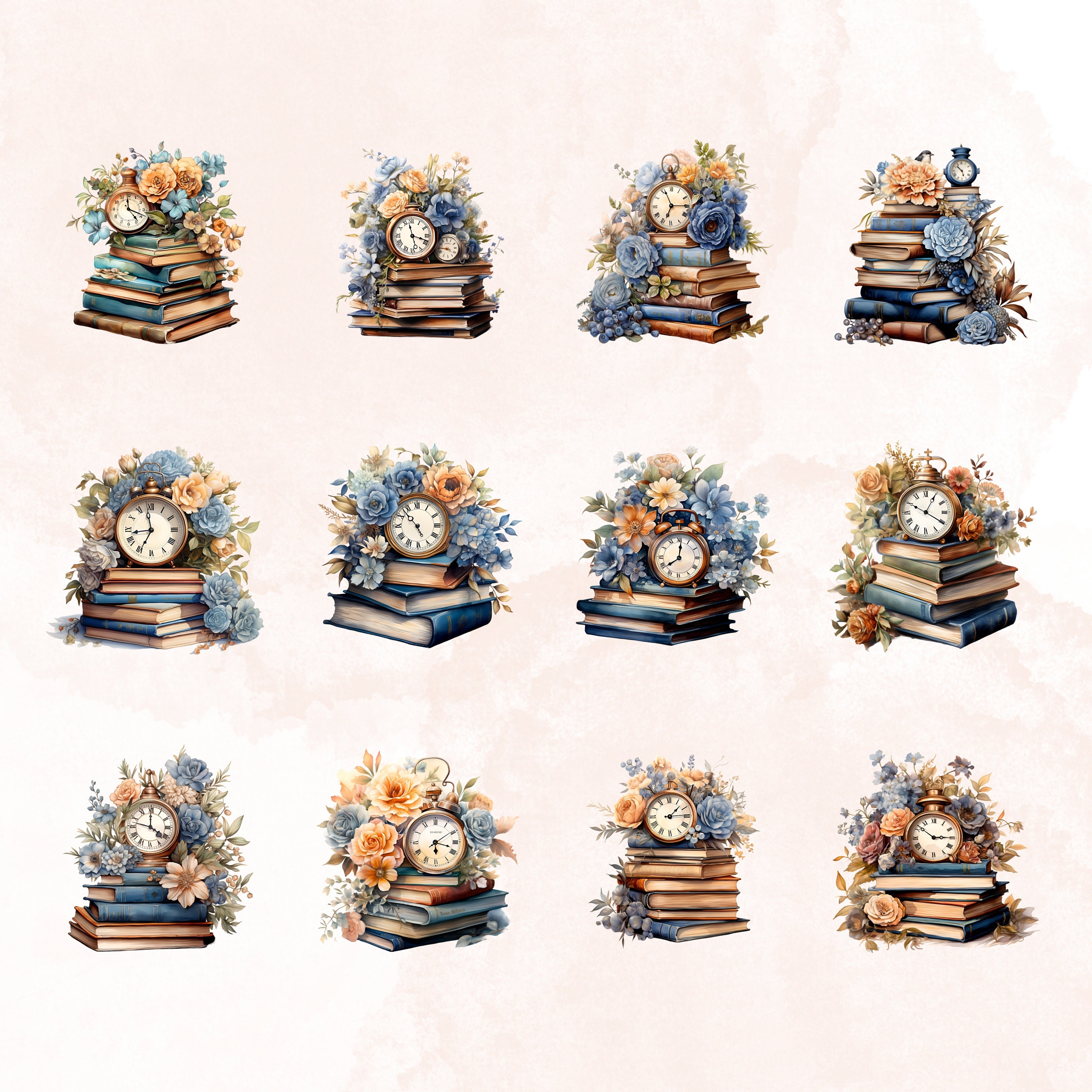 Stacked Books Clipart With Clocks and Flowers, Vintage Books Clipart ...