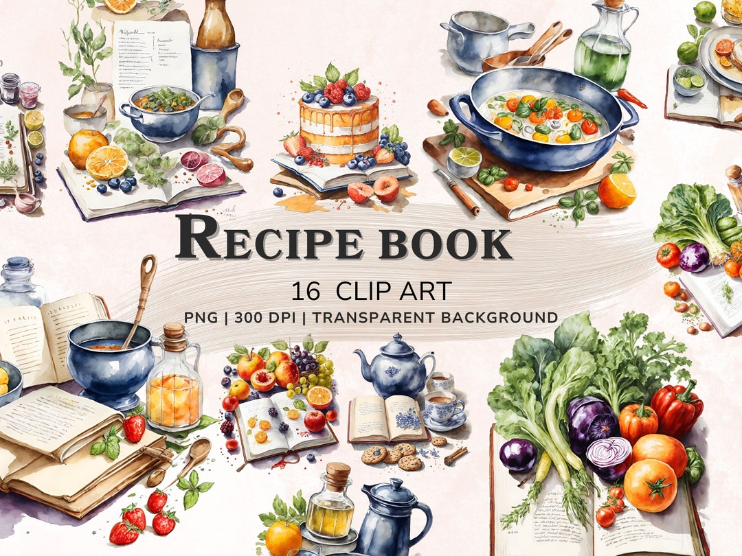 Watercolor Clipart Recipe Book, Cookbook PNG Clipart Collection ...