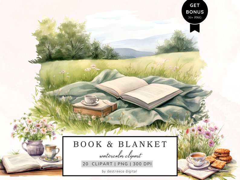 Watercolor Book & Blanket Clipart, Spring Clipart, Cozy Reading Clipart ...