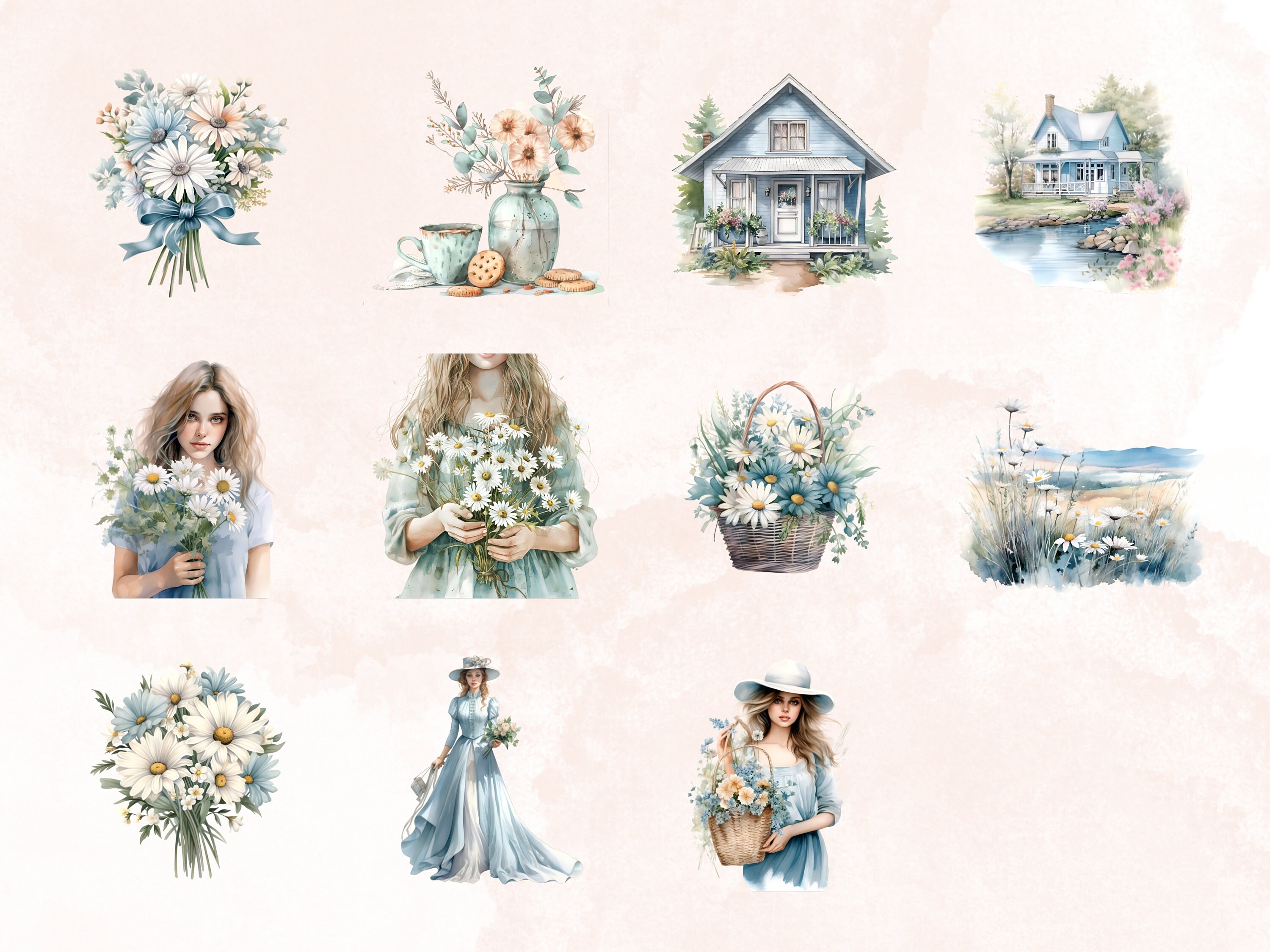 Daisy Love Spring Clipart, Watercolor Spring Graphics, Spring ...