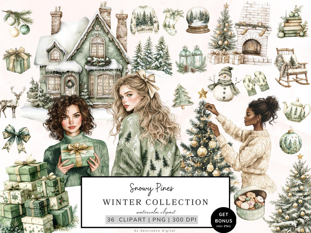 Winter Clipart Bundle, Snowy Pine Png, Cozy Winter Clipart, Christmas ...