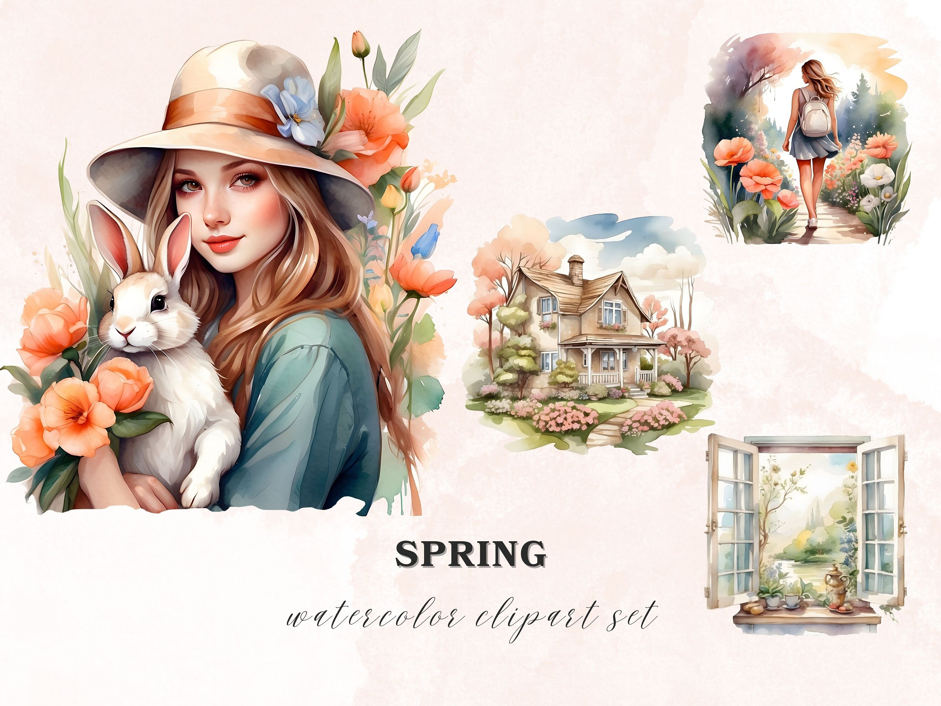 Watercolor Spring Clipart, Cozy Spring Collection Clipart Bundle ...