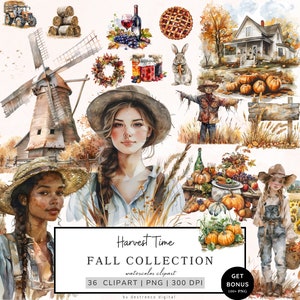 Watercolor Autumn Clipart, Harvest Time Png Bundle, Cozy Autumn, Fall ...