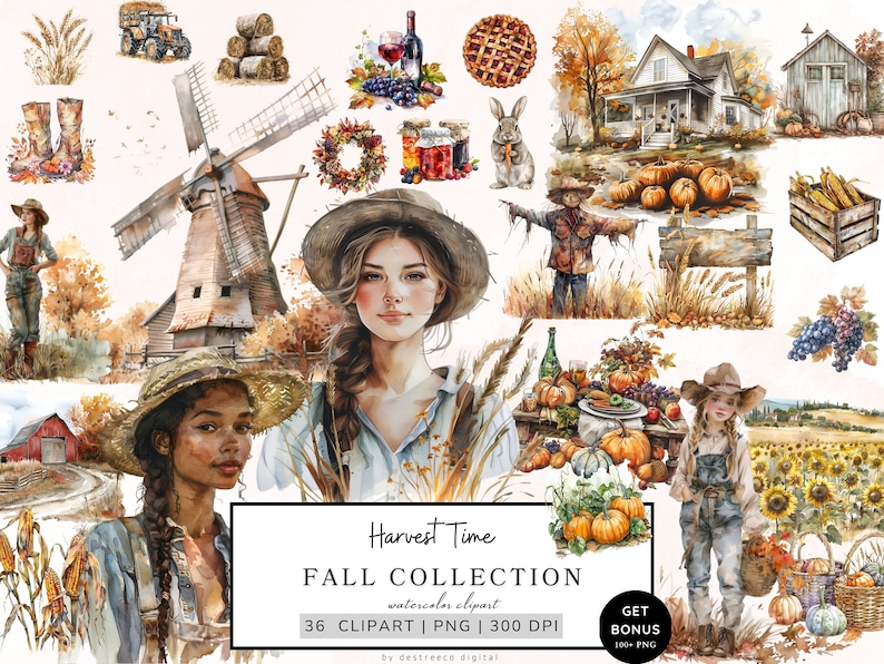 Watercolor Autumn Clipart, Harvest Time Png Bundle, Cozy Autumn, Fall ...