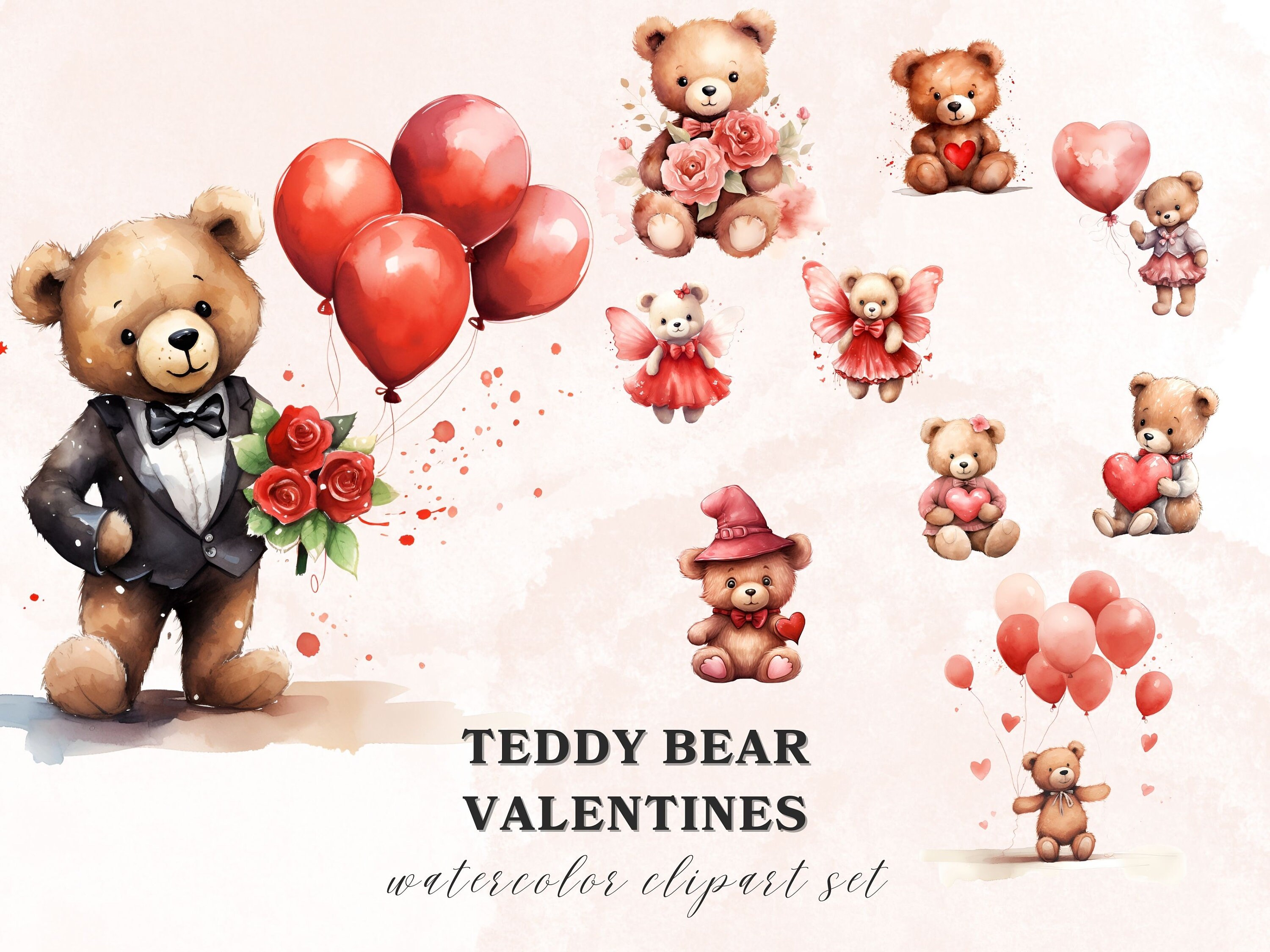 Valentines Teddy Bear Clipart, Watercolor Teddy Valentines Clipart ...