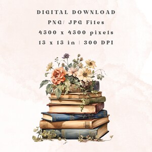 Vintage Floral Stacked Books Clipart, Books Clipart Bundle, Reading ...
