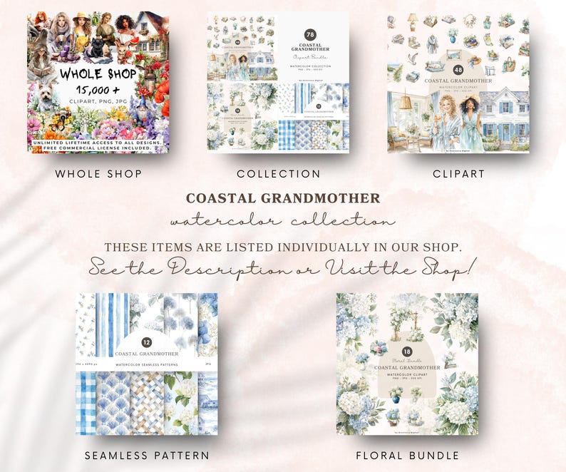Watercolor Summer Clipart, Seaside Png, Coastal Grandmother Collection ...